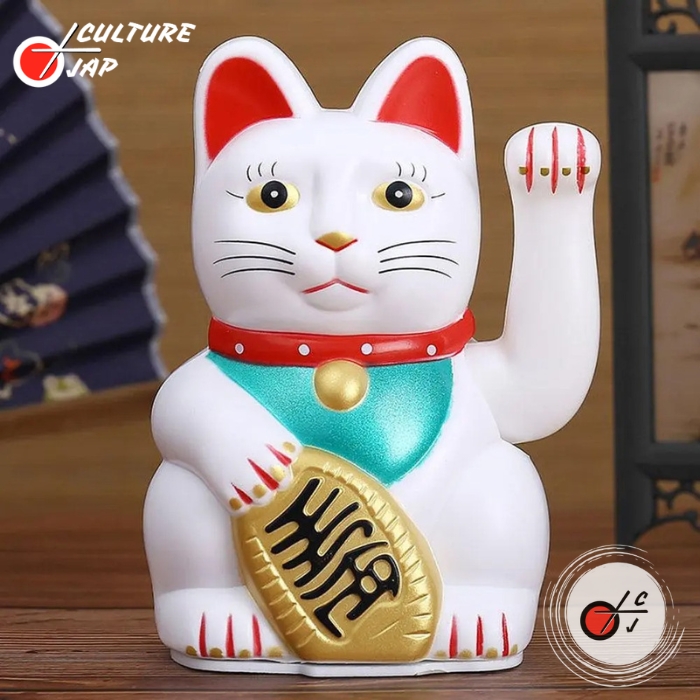Maneki neko blanc | Chat porte bonheur qui bouge la patte